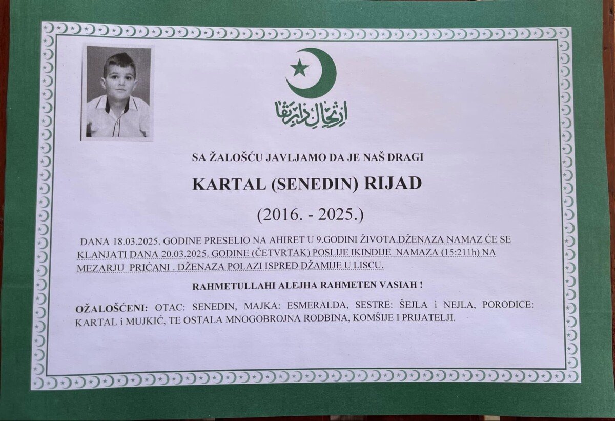 Tuga u Novom Travniku: Na bolji svijet preselio Rijad Kartal u devetoj godini života - Radosno